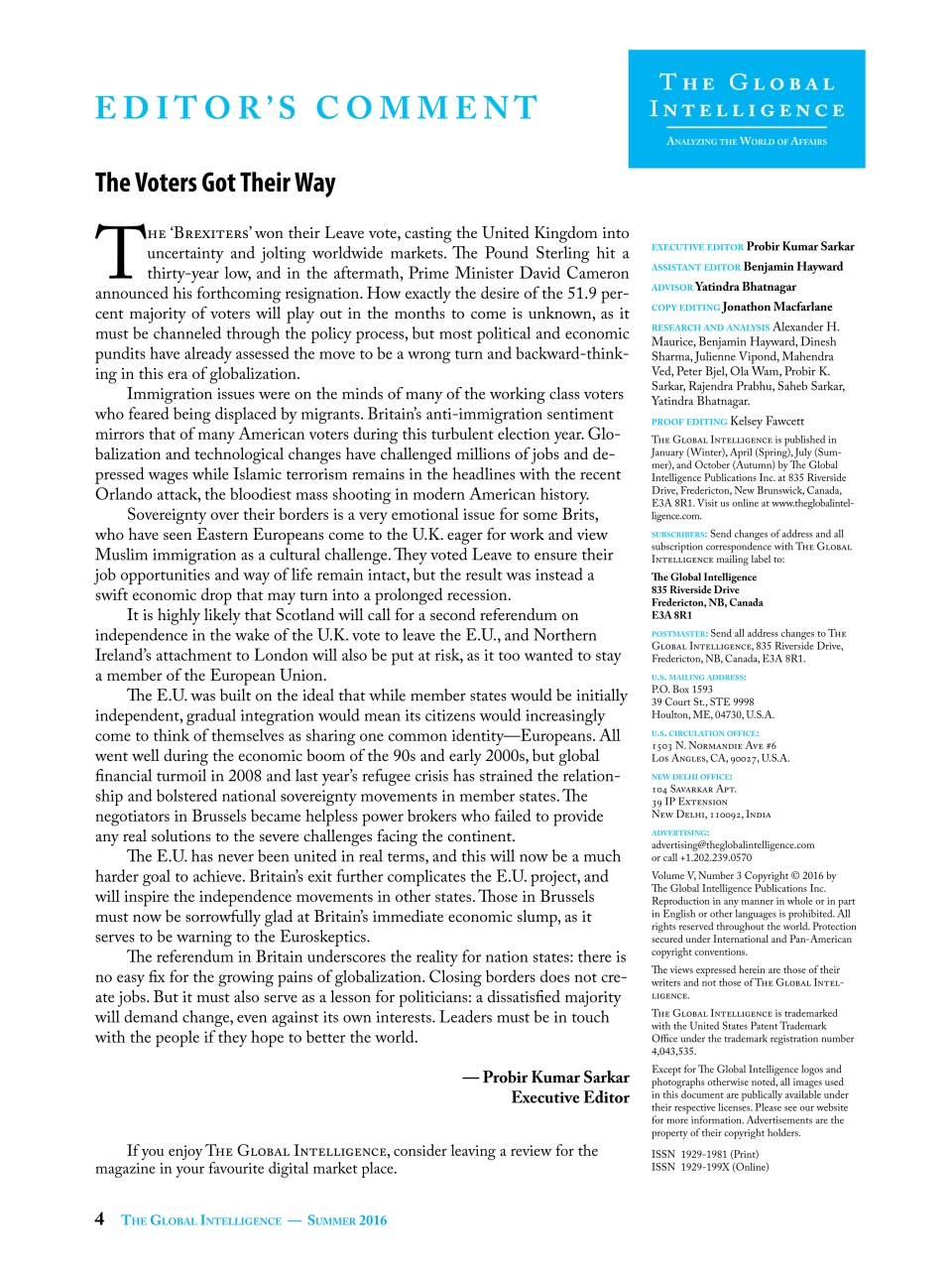 The Global Intelligence Magazine - Summer 2016 Back Issue