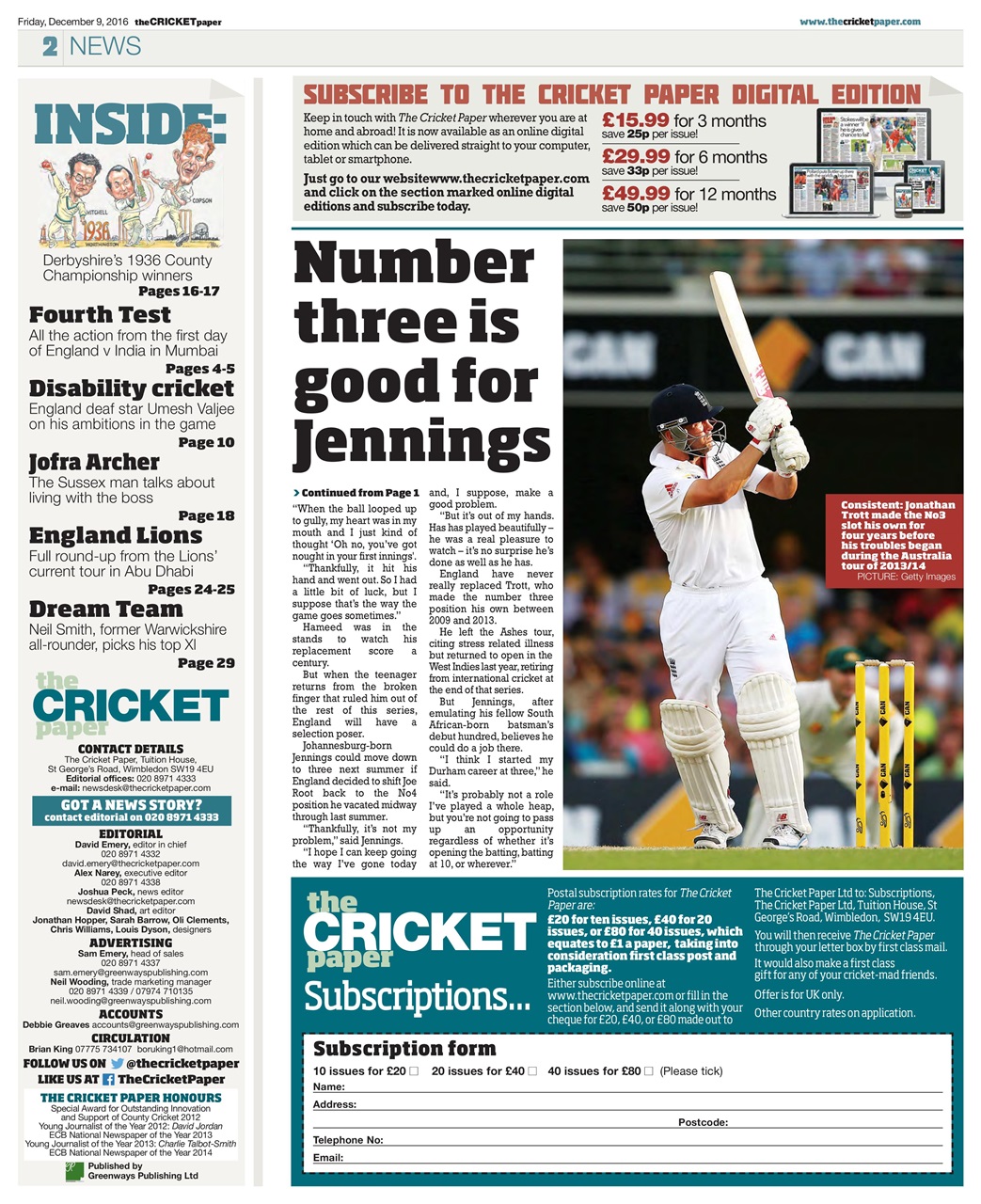 The Cricket Paper Magazine - 9th December 2016 Back Issue