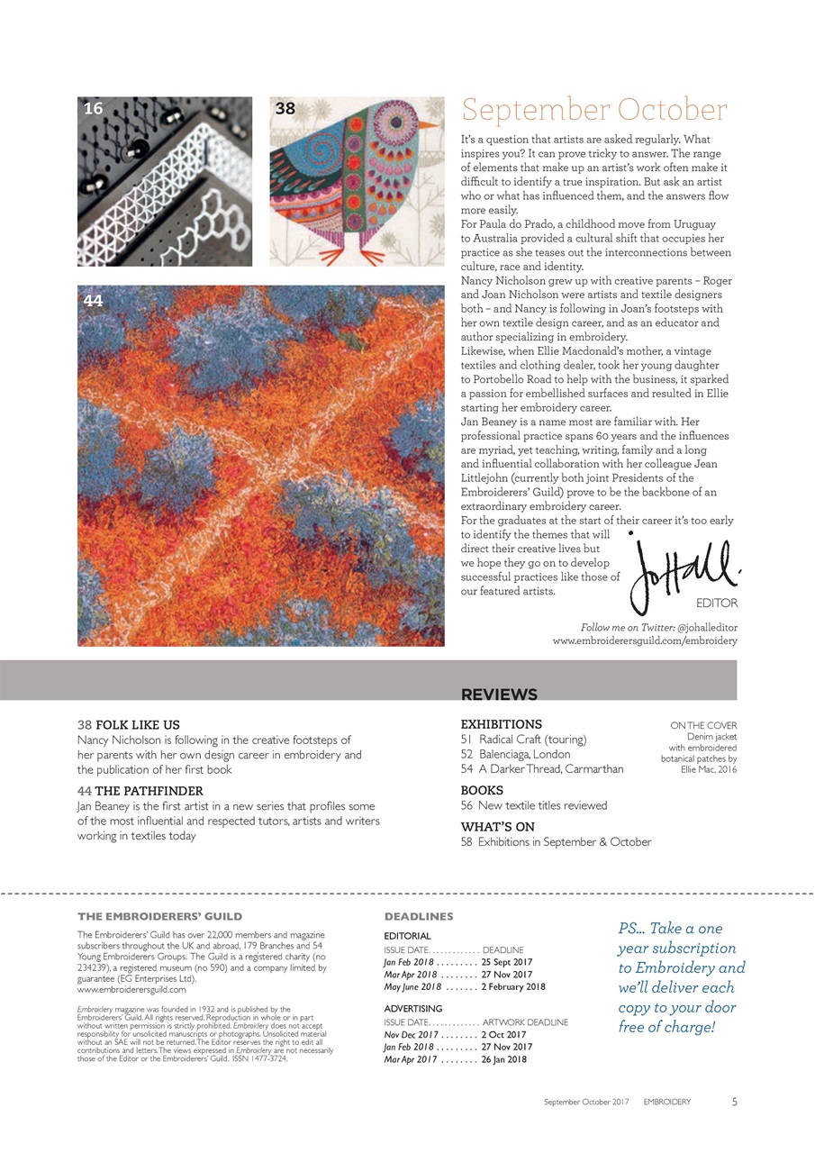 Embroidery Magazine - Sep-Oct 2017 Back Issue
