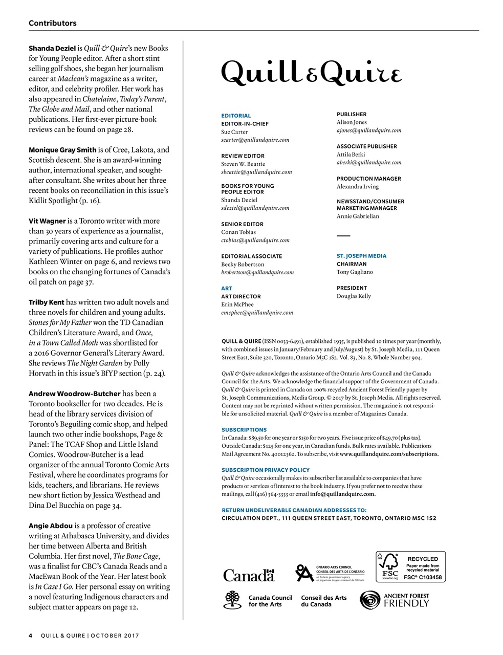 Quill & Quire Magazine - October 2017 Back Issue