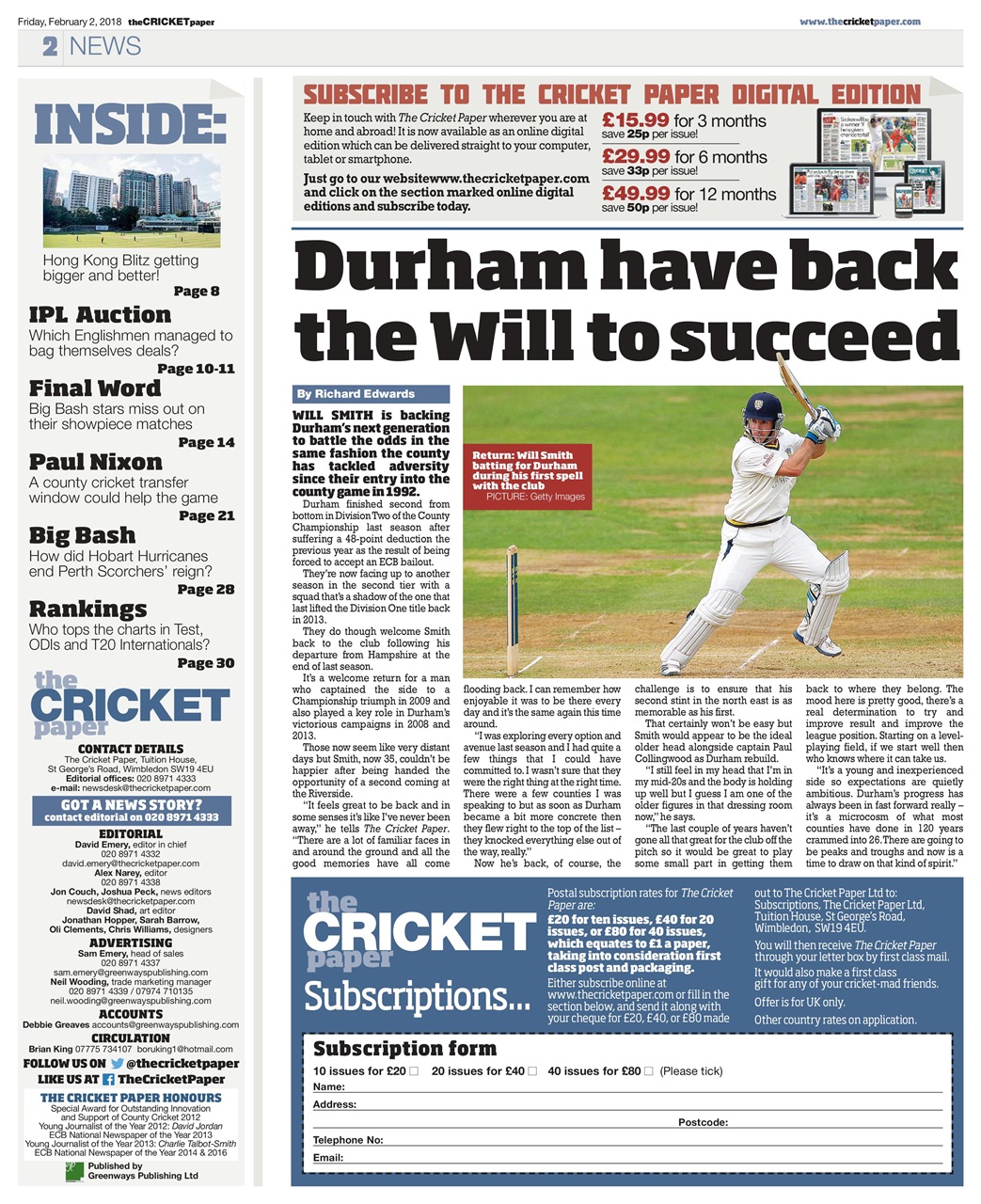 The Cricket Paper Magazine - 2nd February 2018 Back Issue