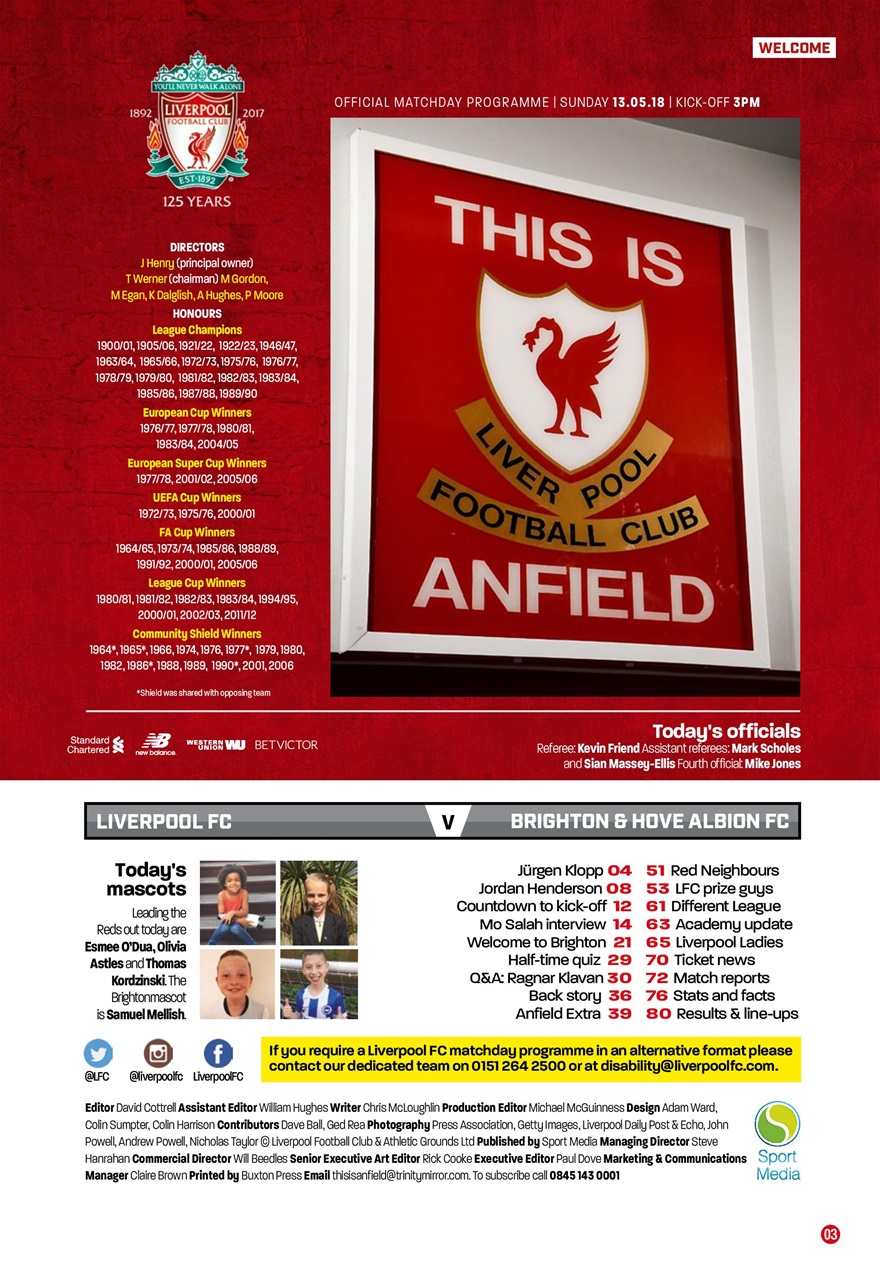 Liverpool FC Programmes - vs Brighton & Hove Albion 17/ 18 Back Issue