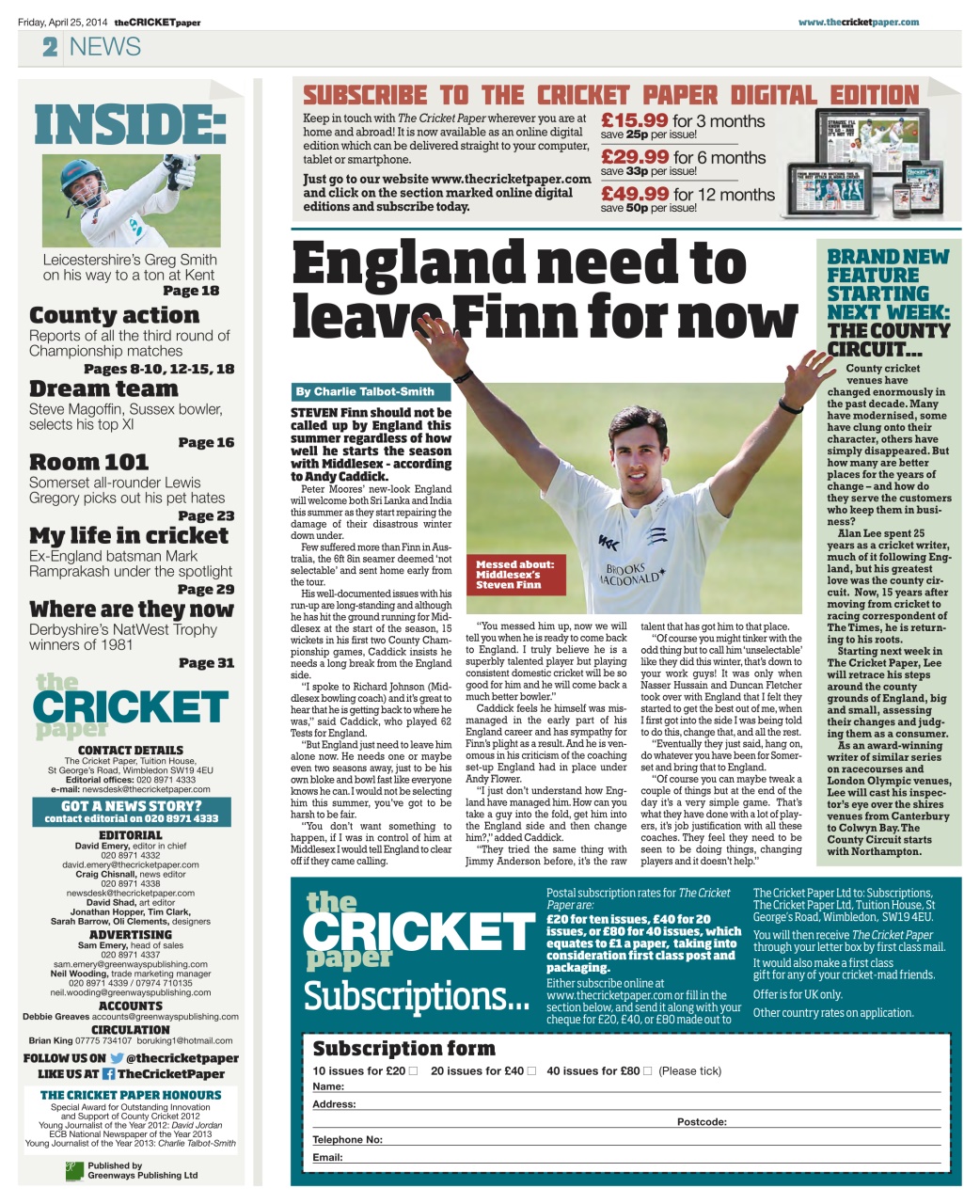 The Cricket Paper Magazine - 25th April 2014 Back Issue