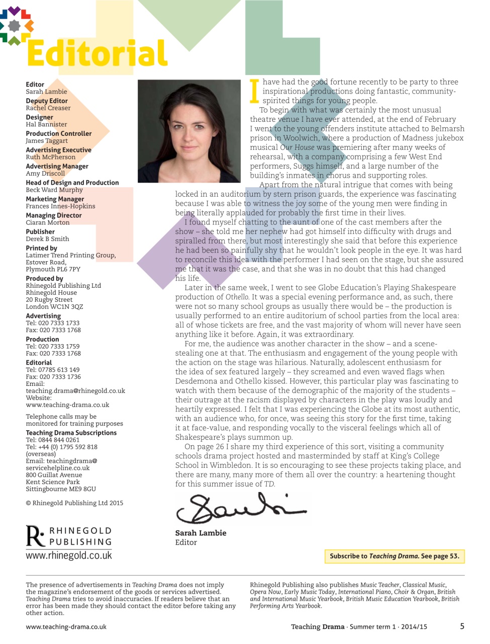 Drama and Theatre Magazine - Summer 1 - 2014/15 Back Issue